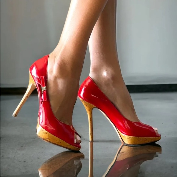 Shoes | Christian Dior Red Patentleather Bow Starlet Peep Toecork Heel ...